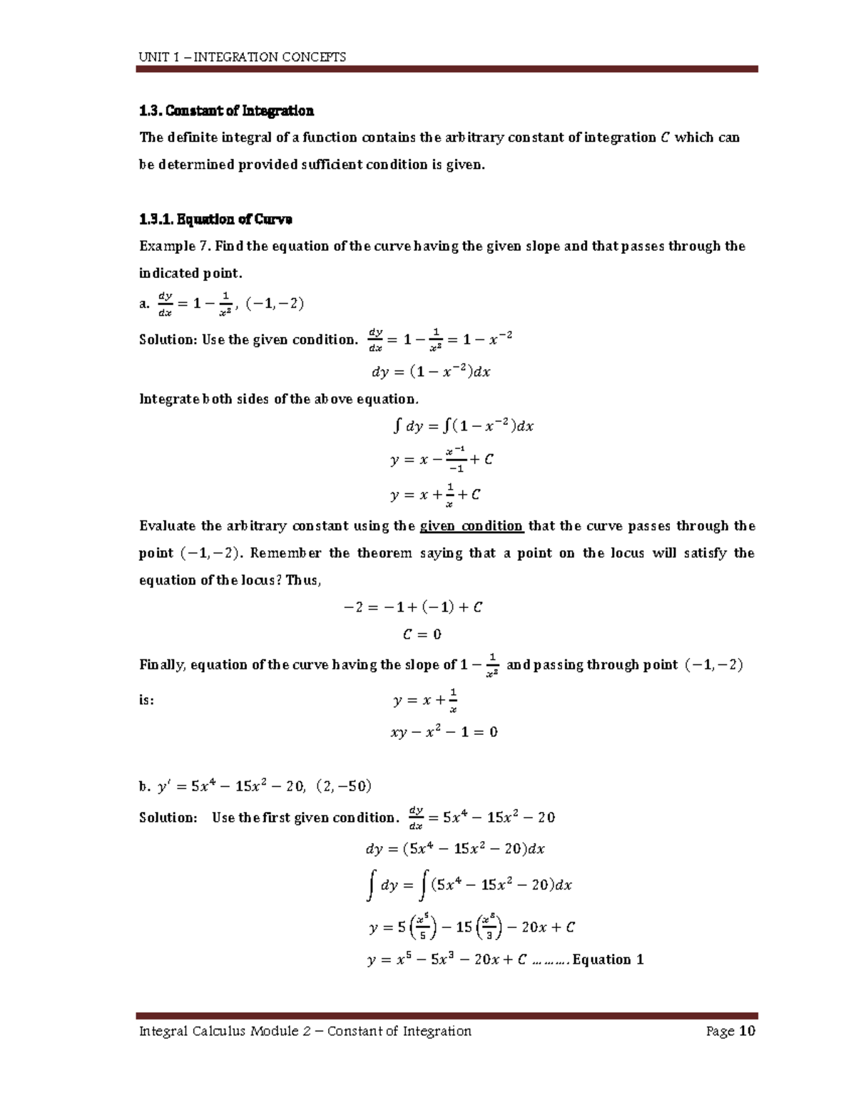 M2 INTEGRATION CONCEPTS: Constant of Integration and Curve Equations ...
