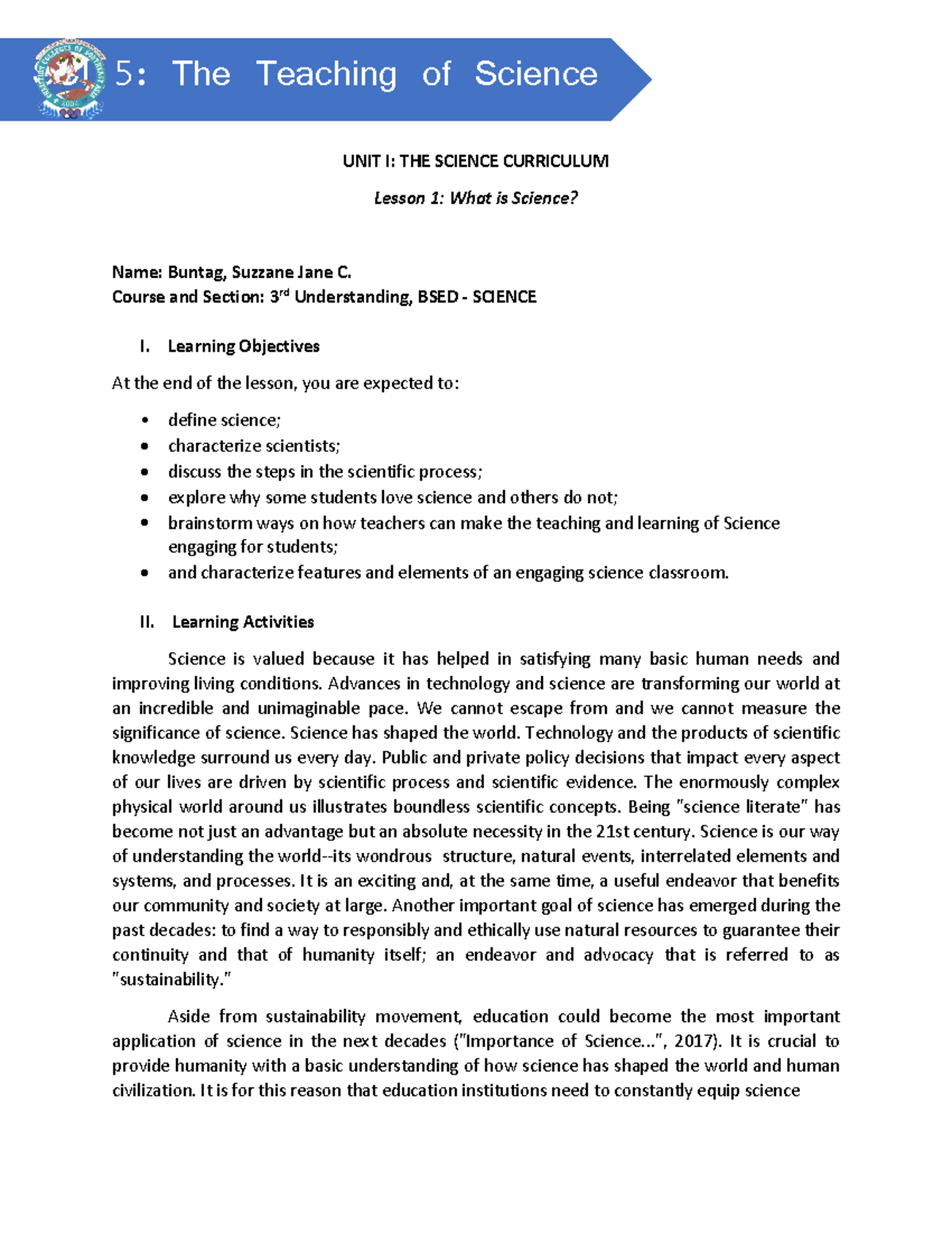 BSED-SCIENCE Unit I Lesson 1: Understanding Science Fundamentals - Studocu