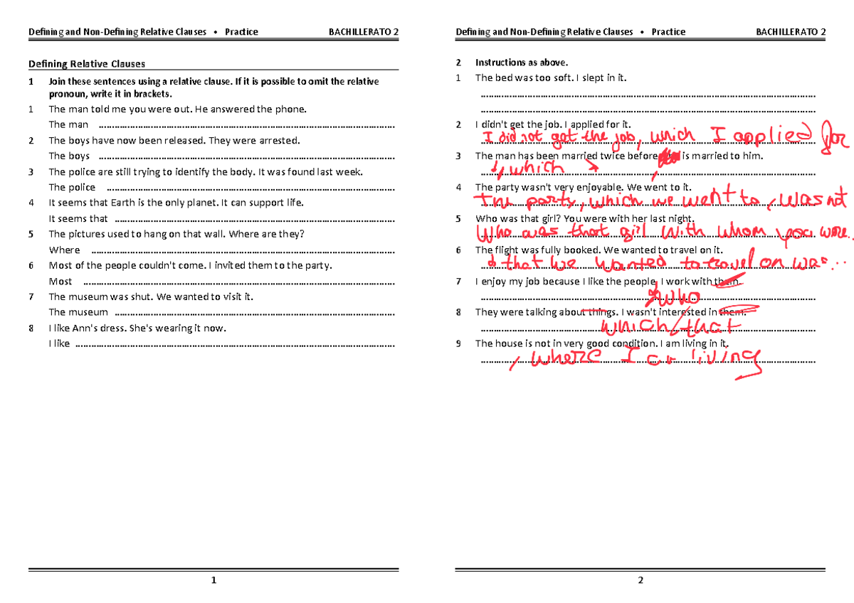 Exercises relative clauses - Defining Relative Clauses 1 Join these sentences using a relative ...