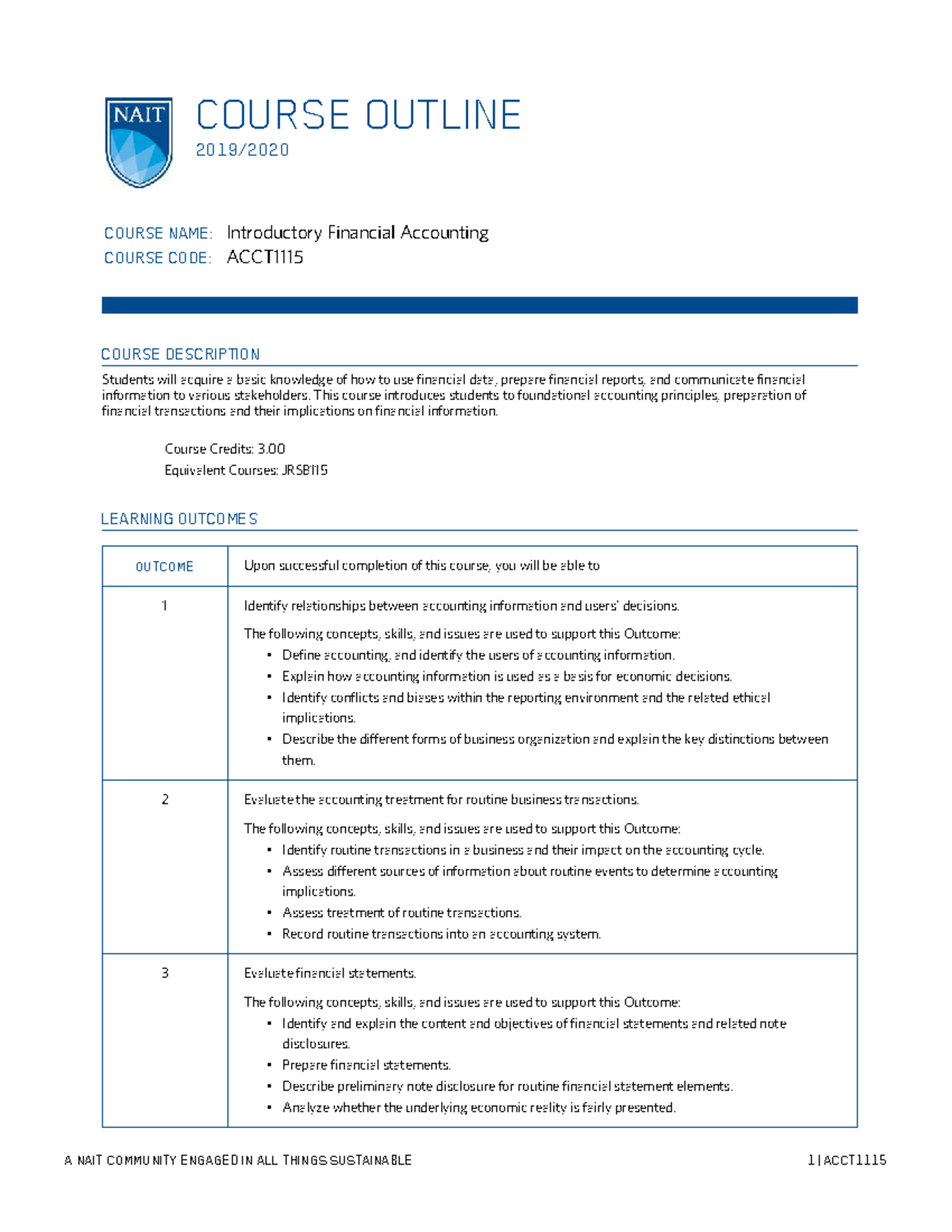 Course Outline: ACCT1115 - Introductory Financial Accounting - Studocu