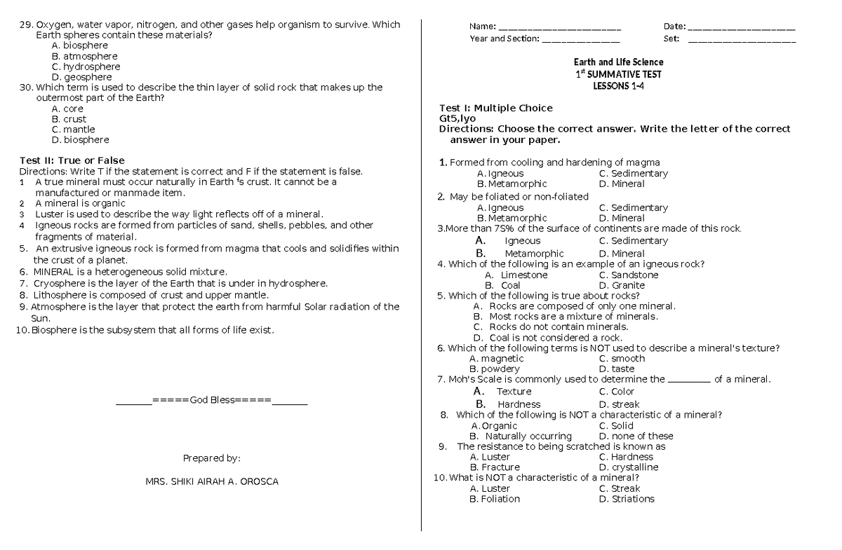 ELS 1st Summative Test L1-4: Earth & Life Science Assessment - Studocu