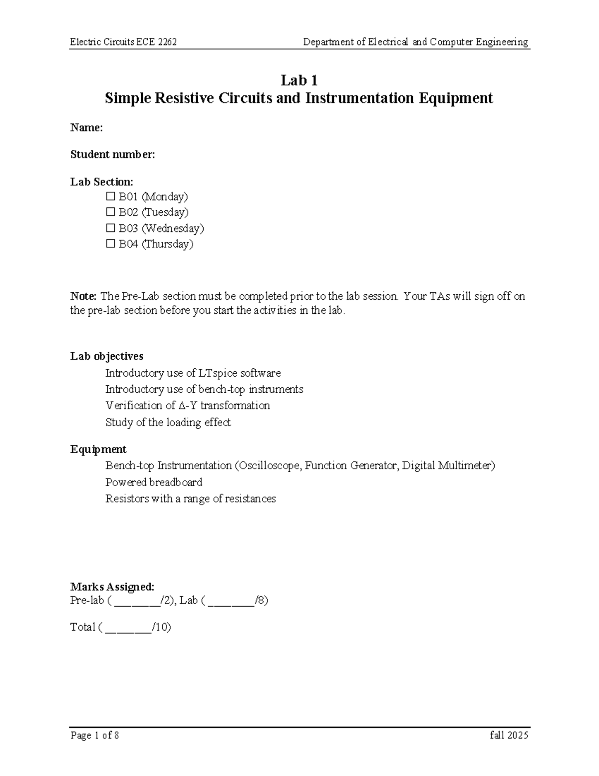 ECE 2262 Lab 1: Simple Resistive Circuits & Instrumentation (Fall 2025 ...