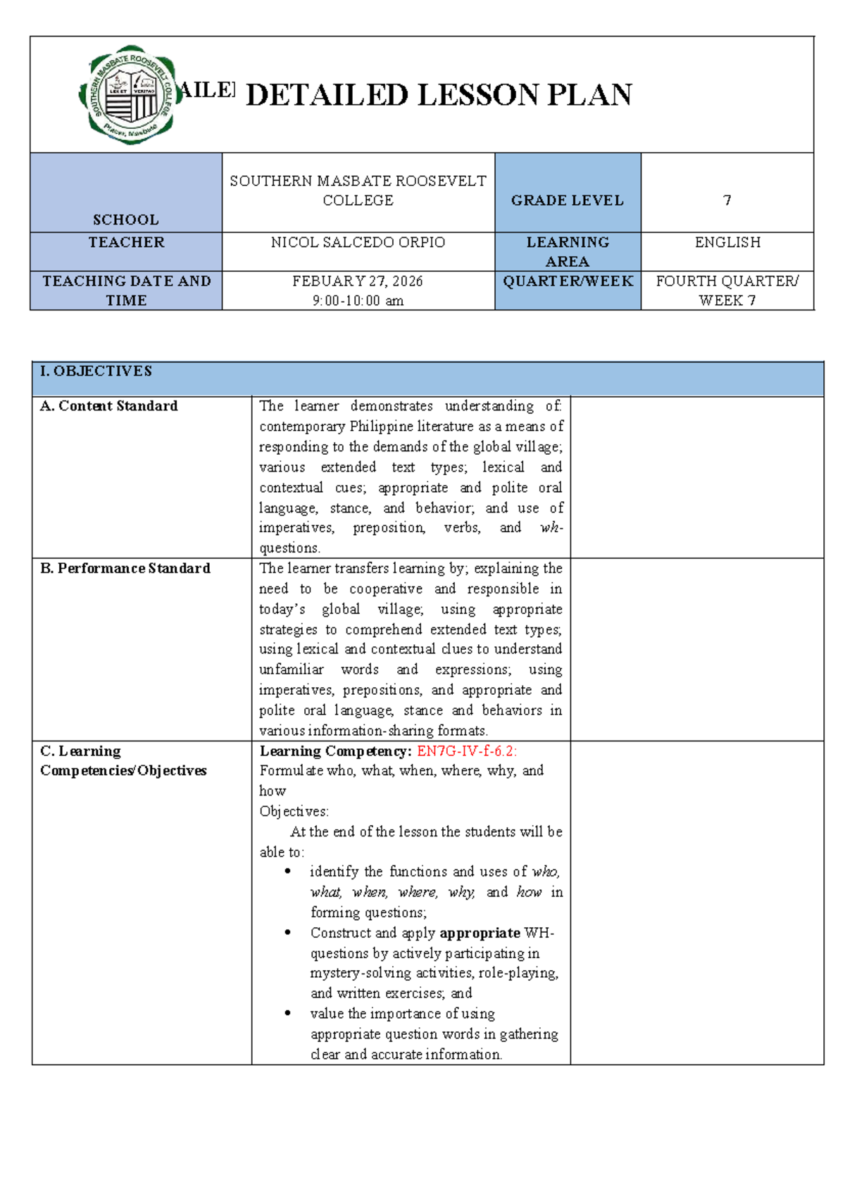 Detailed Lesson Plan for Grade 7 English: 5Ws and 1H Activities - Studocu