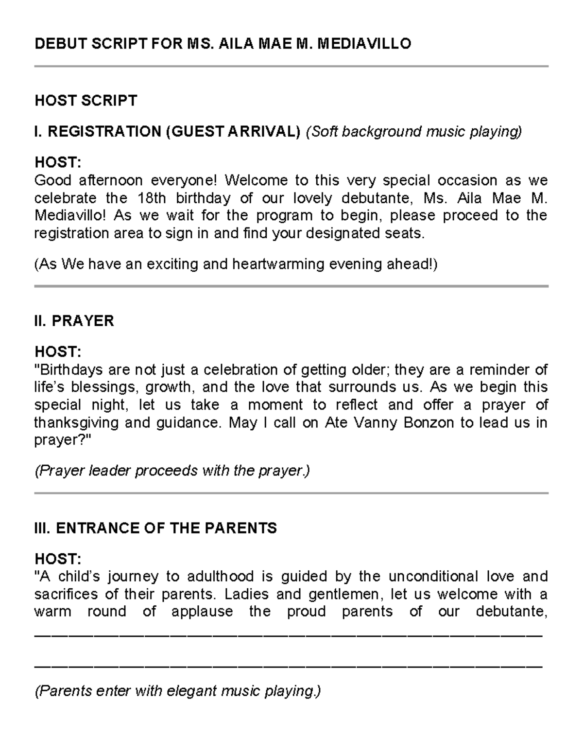 Debut Script FOR MS - DEBUT SCRIPT FOR MS. AILA MAE M. MEDIAVILLO HOST ...