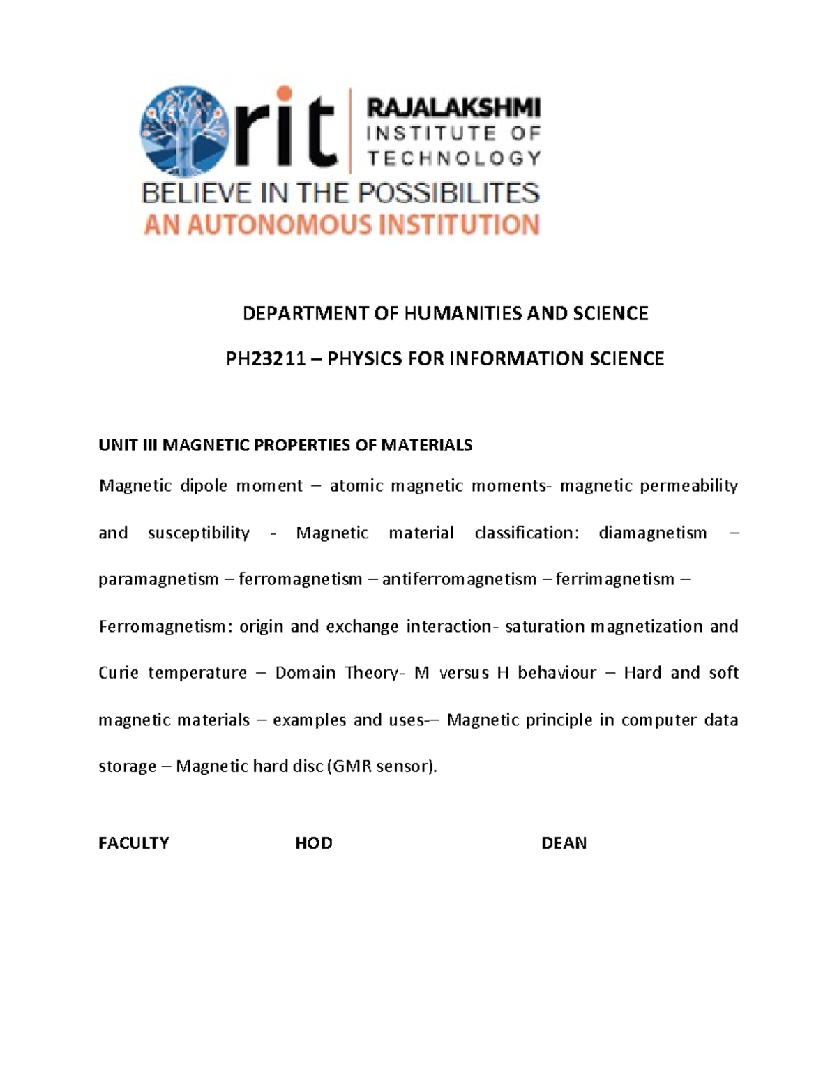 PH23211 Physics for Information Science: Magnetic Properties of ...