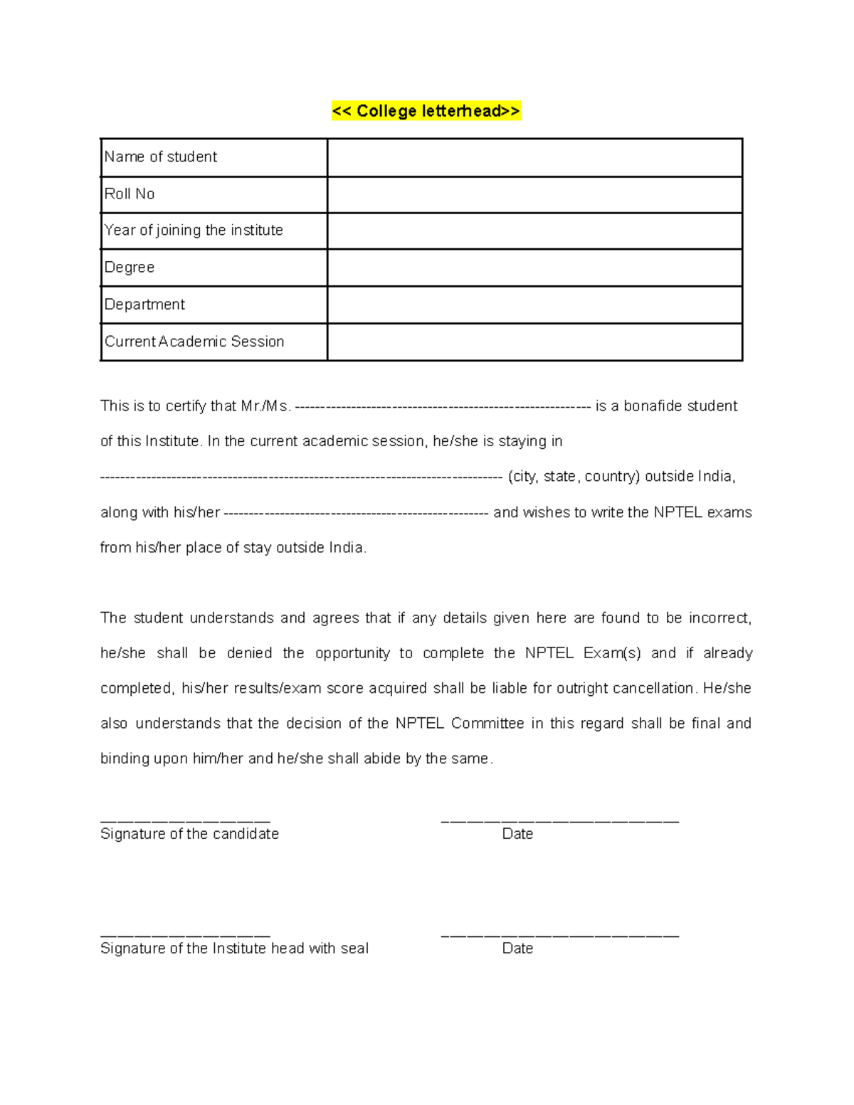NPTEL Exam Certification Document for International Students - Studocu