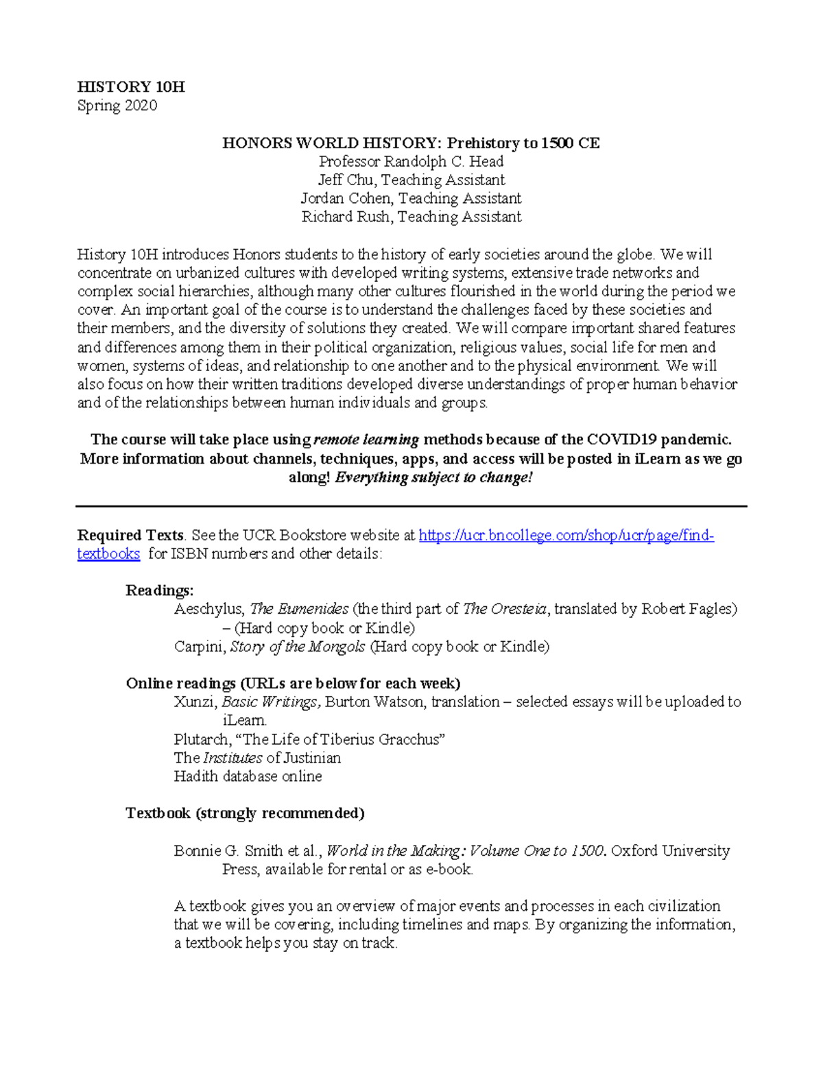 HISTORY 10H Spring 2020 Syllabus: Honors World History to 1500 CE - Studocu