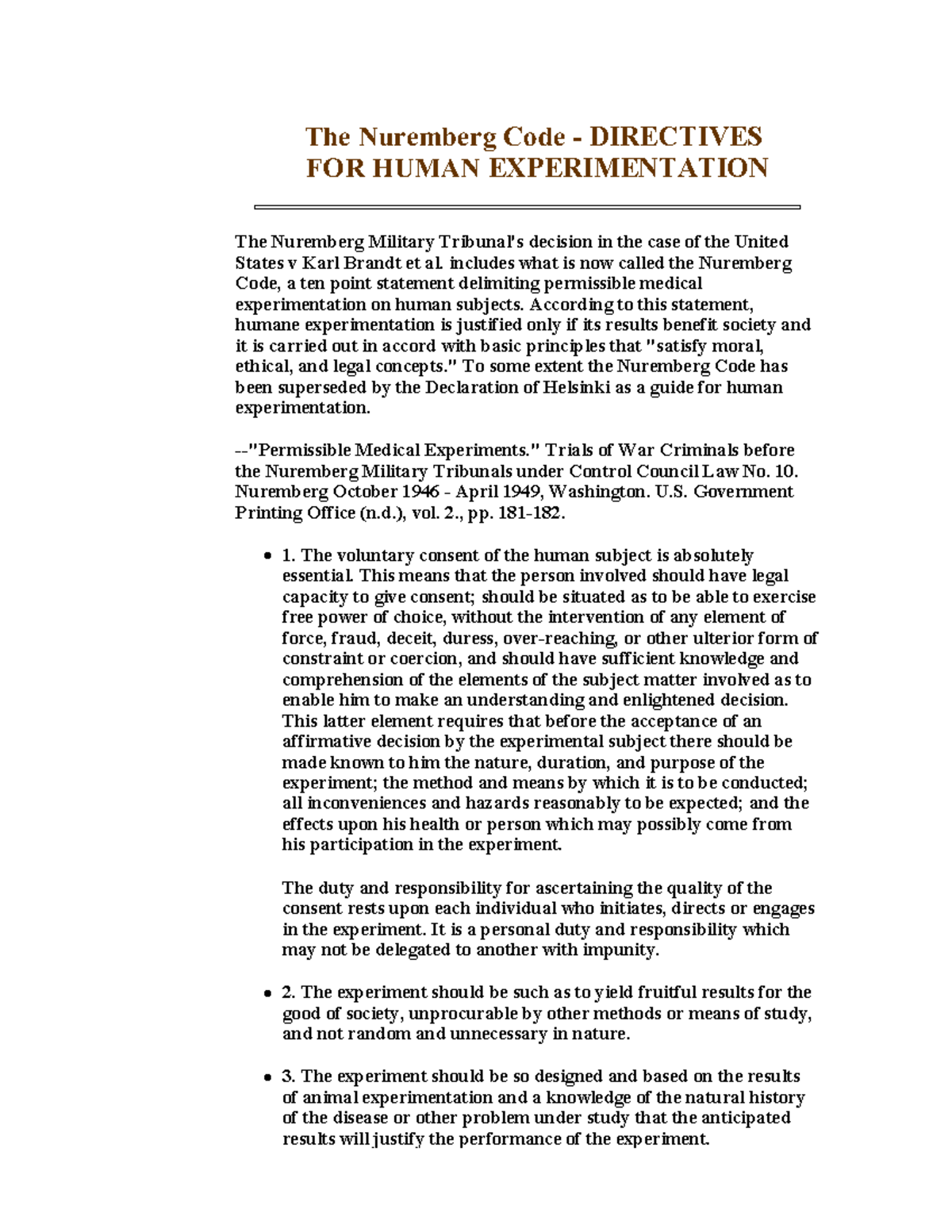 The Nuremberg Code: Directives for Human Experimentation - Studocu