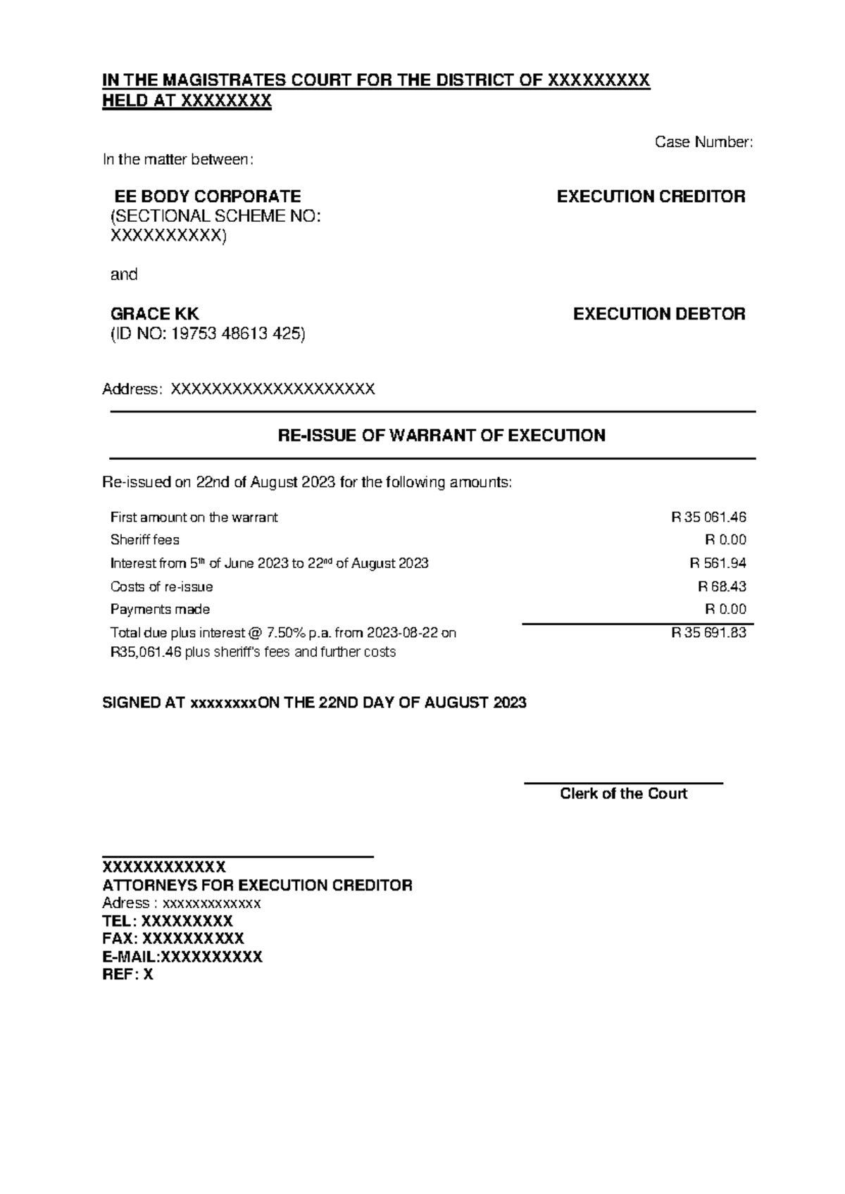 SP0319 - Re-Issue of Warrant of Execution - 22 August 2023 - Studocu