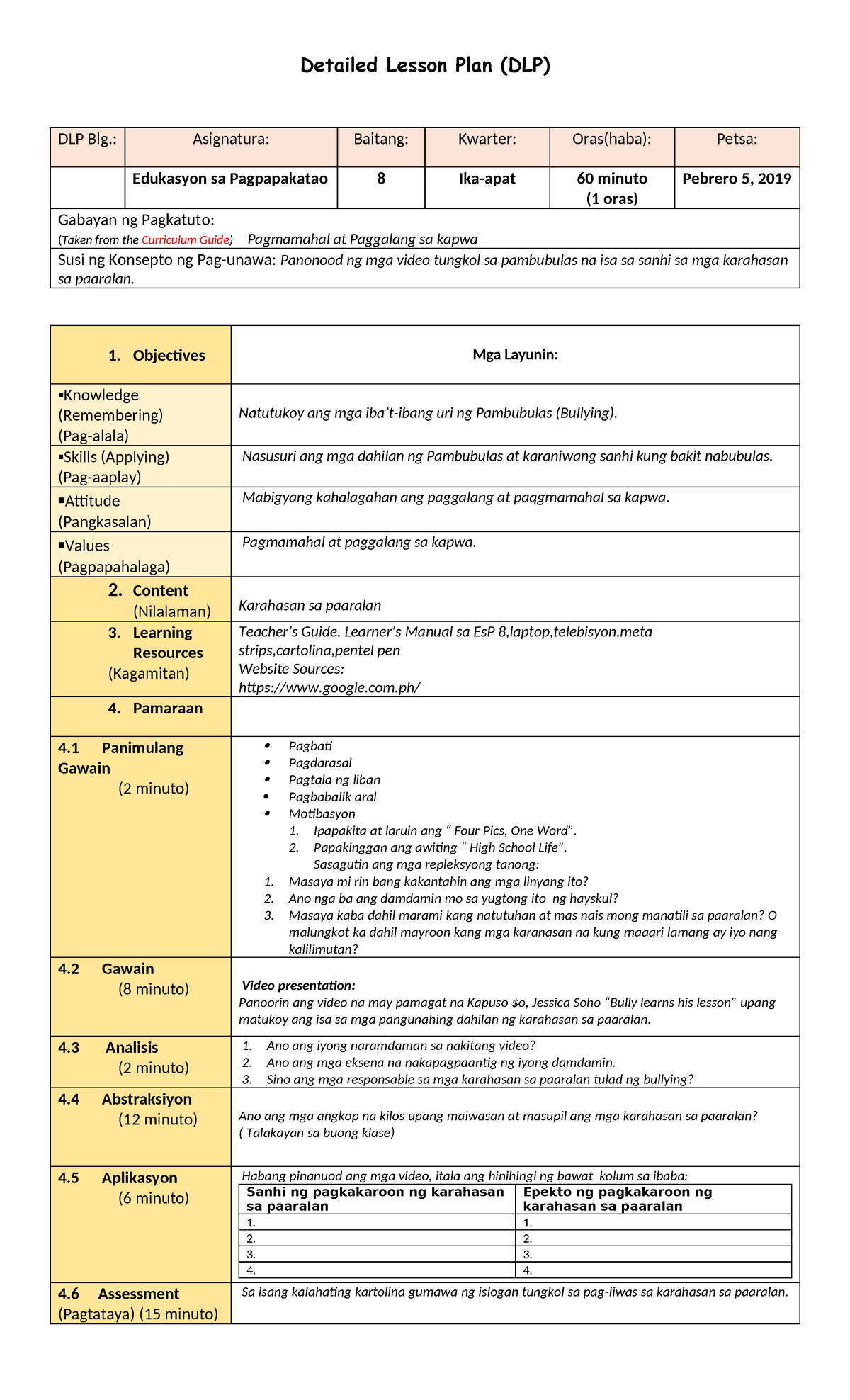 463879969 Detailed Lesson Plan final in Es P 8 docx - Detailed Lesson Plan (DLP) DLP Blg.: - Studocu