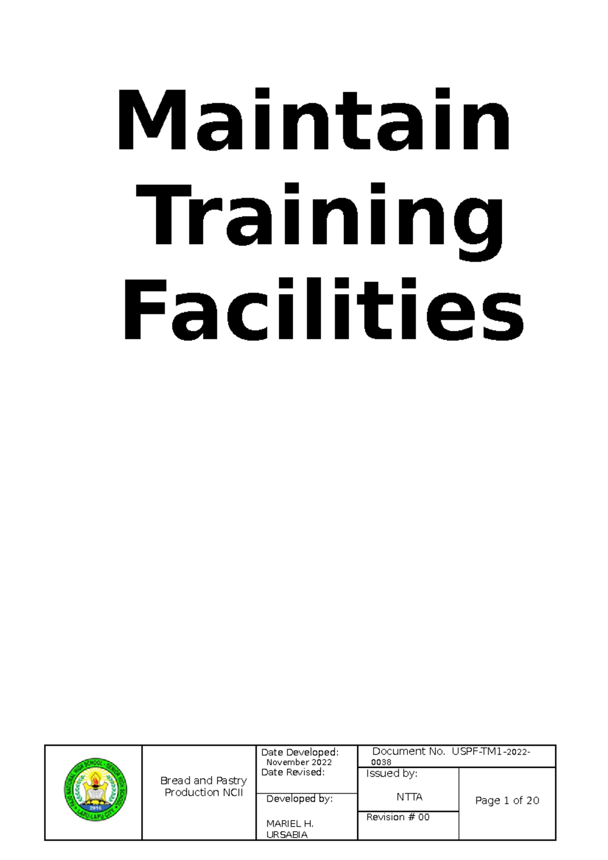 Maintenance Procedures for Training Facilities - BPP NCII - Studocu