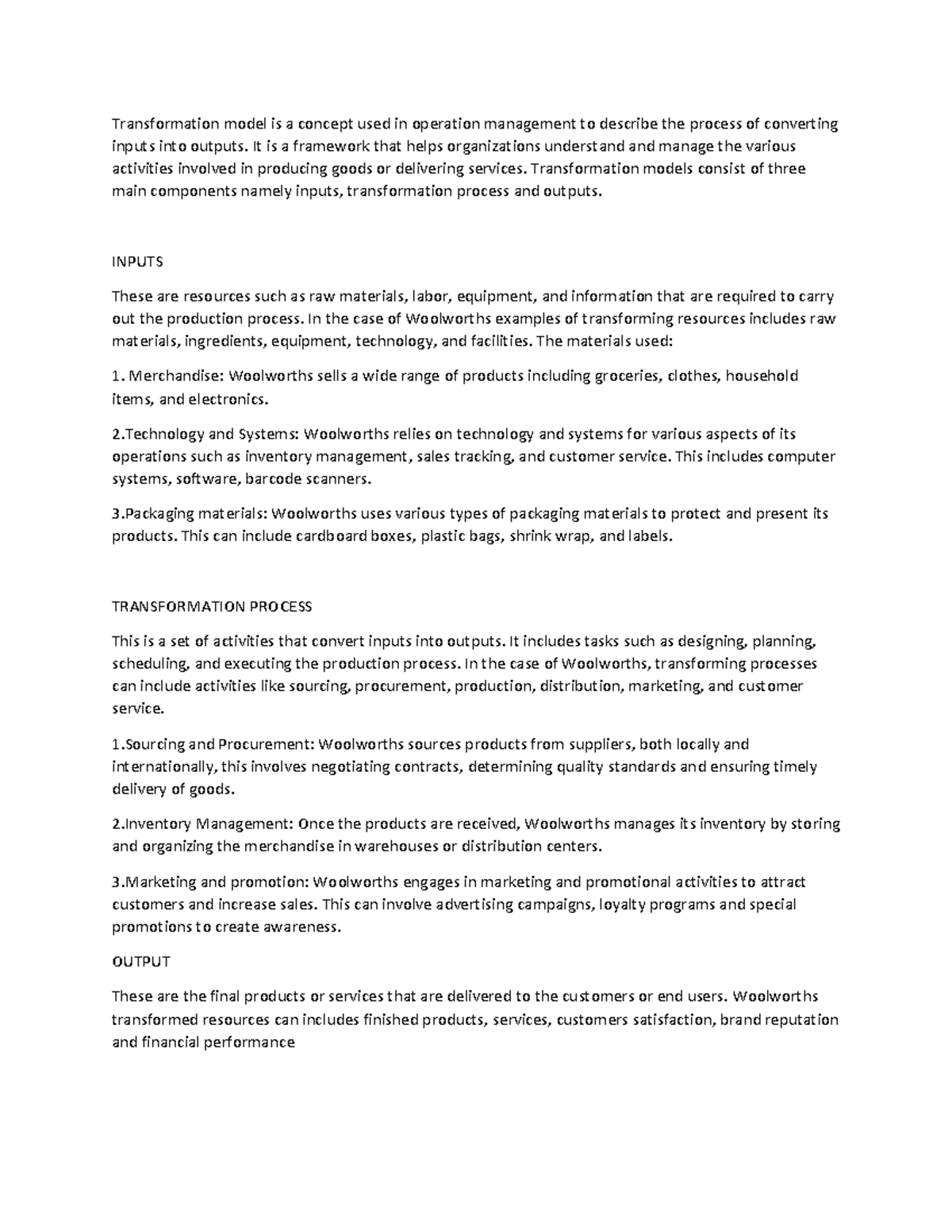 Transformation Model in Operations Management: Inputs, Processes ...