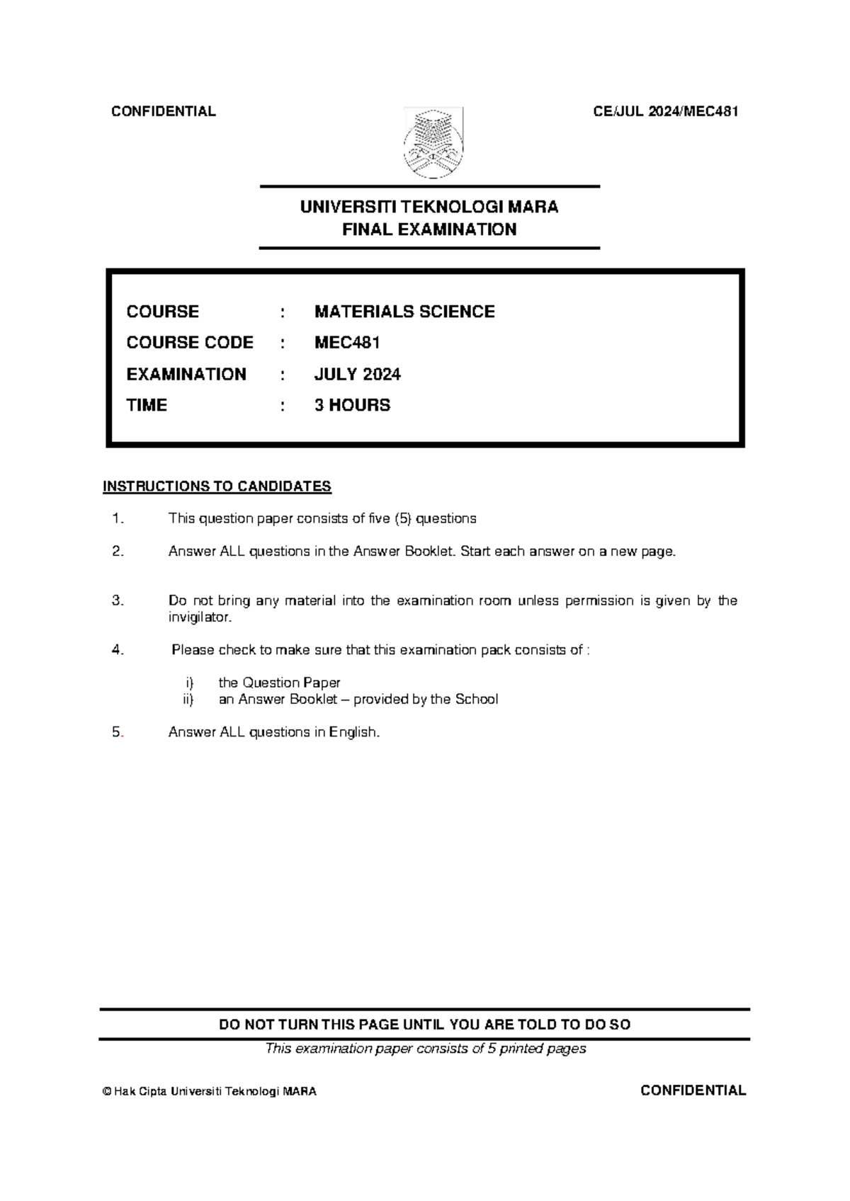 Final Exam MEC481: Materials Science July 2024 Examination Paper - Studocu