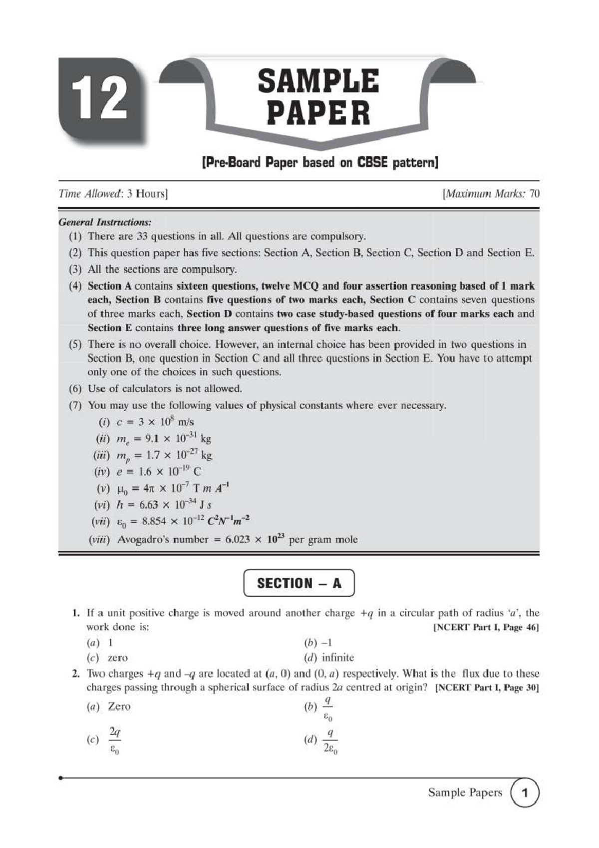 Preboard Sample Paper - Physics (CBSE) - Time: 3 Hours, Marks: 70 - Studocu