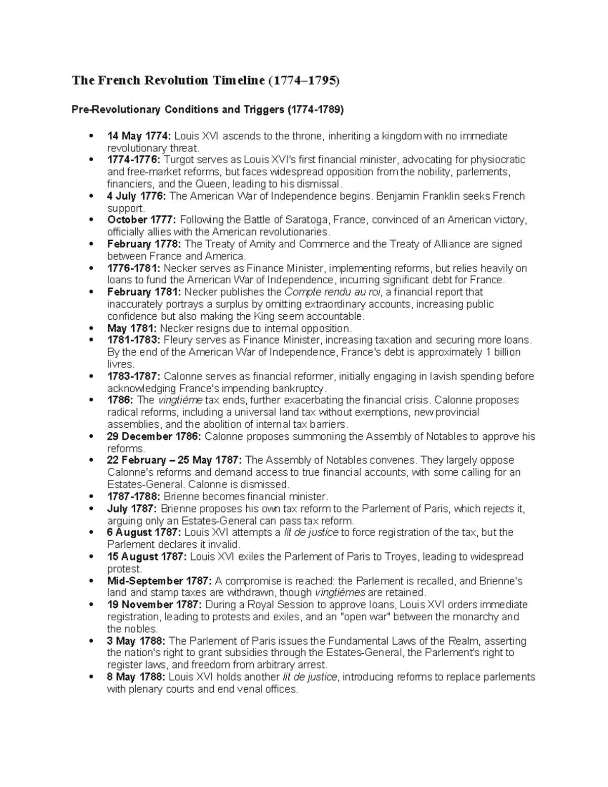 The French Revolution Timeline: Key Events and Triggers - Studocu