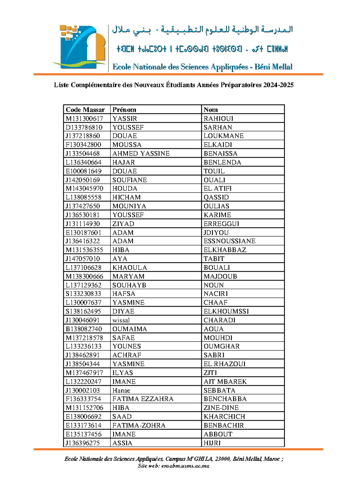 Liste Complémentaire des Nouveaux Étudiants ENSA BM 2024-2025 - Studocu