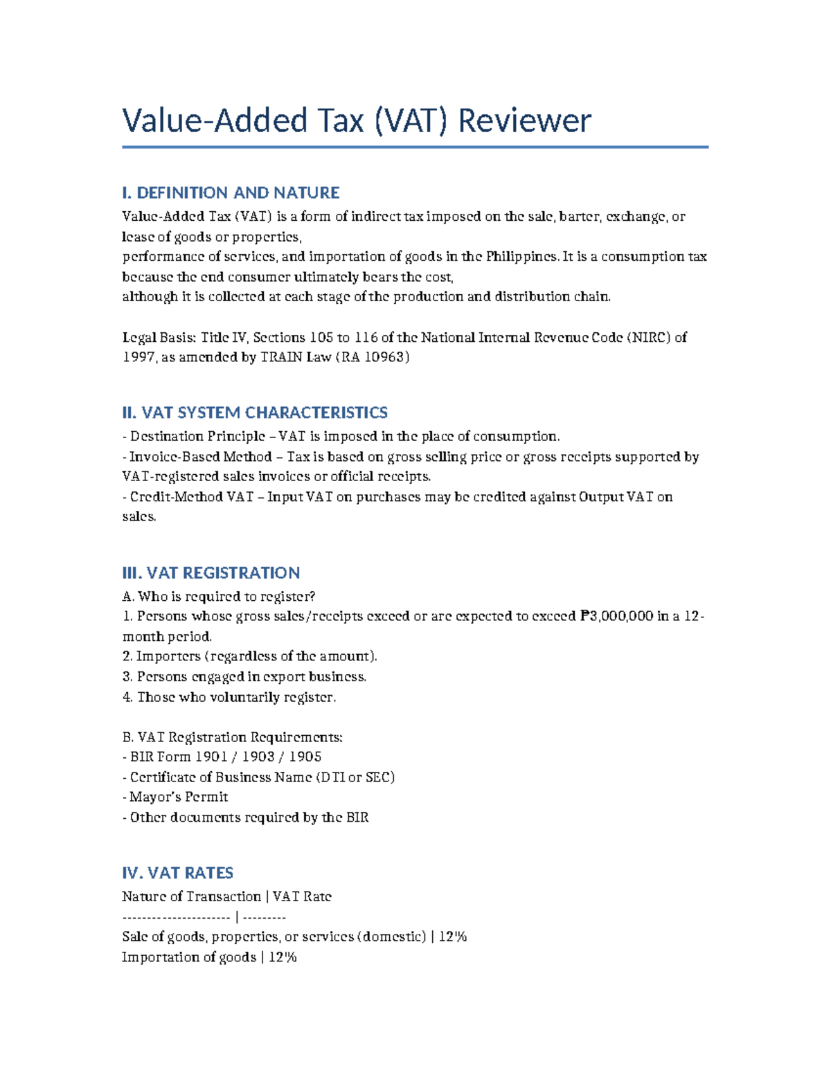 VAT (Tax) Reviewer I: Understanding VAT System in the Philippines - Studocu