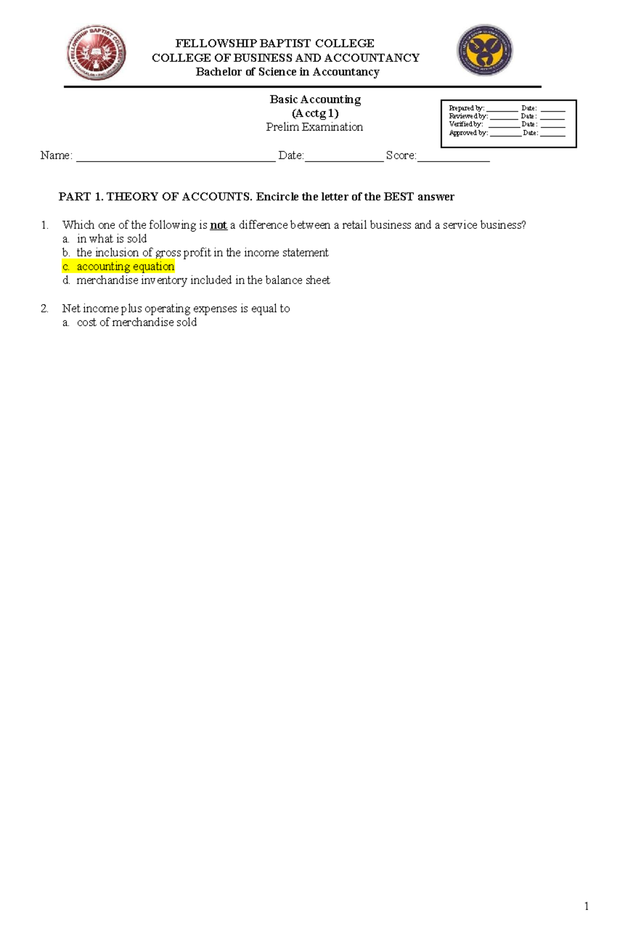 Acctg 1 Prelim Exam Sample - Basic Accounting Essentials - Studocu