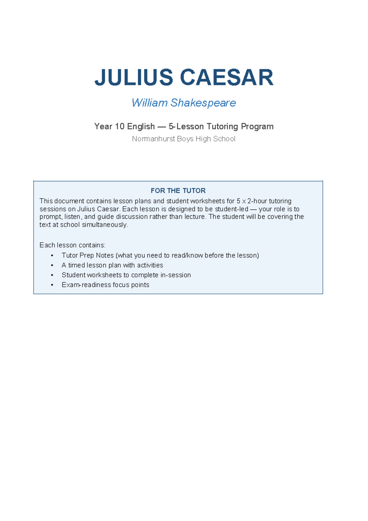 Julius Caesar Lesson Plans & Worksheets for Year 10 English Tutoring ...