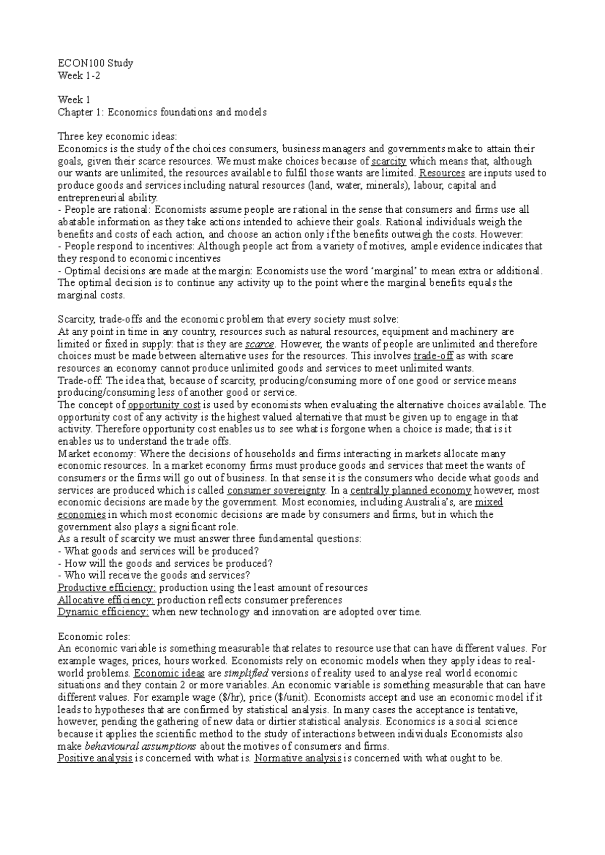 ECON100 Study wk1-2 - Summary Economic Essentials for Business ...