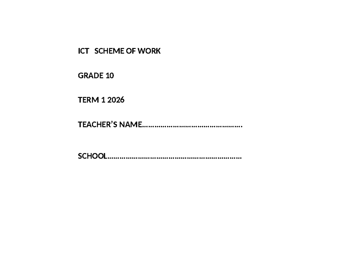 Grade 10 ICT Scheme of Work Term 1: Lessons & Assessments - Studocu