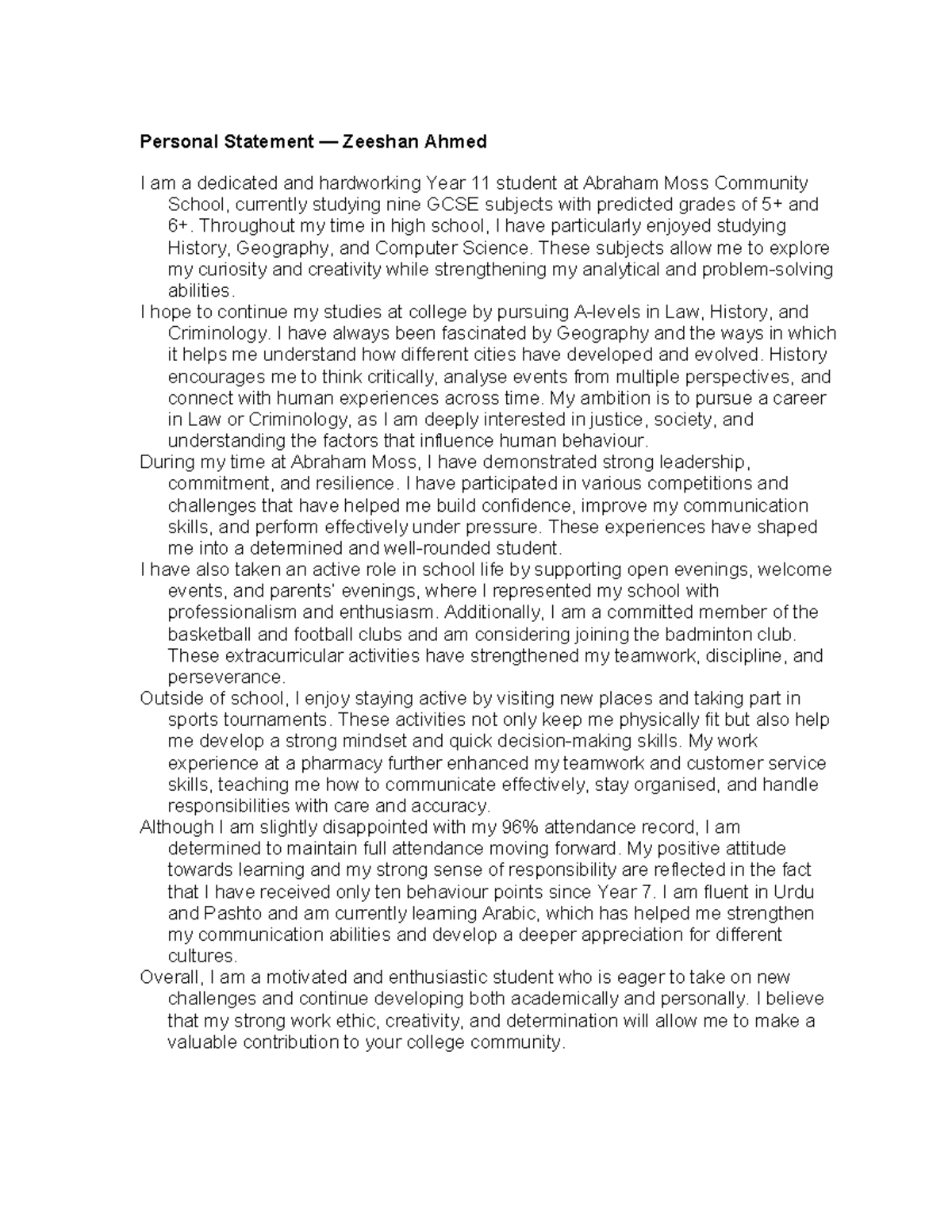 Personal Statement for College Application - Zeeshan Ahmed - Studocu