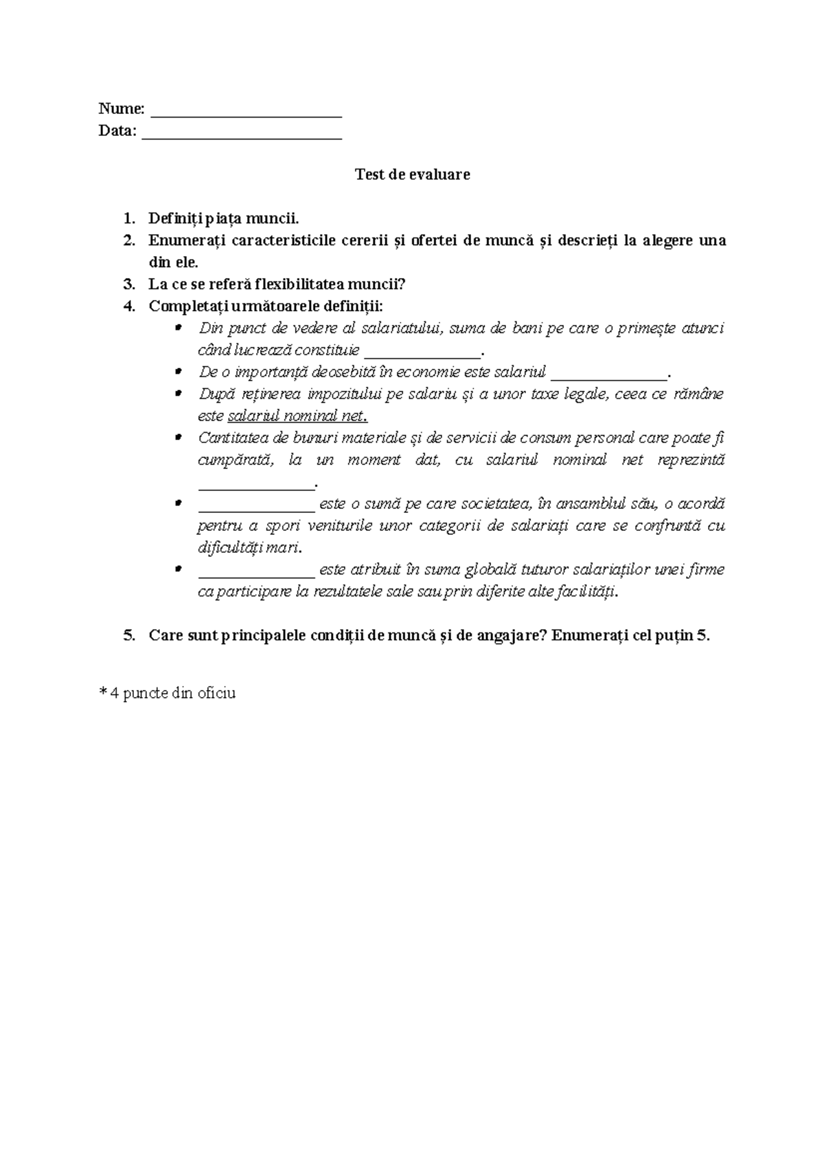 Model test de evaluare - pedagogie - Nume: _______________________ Data