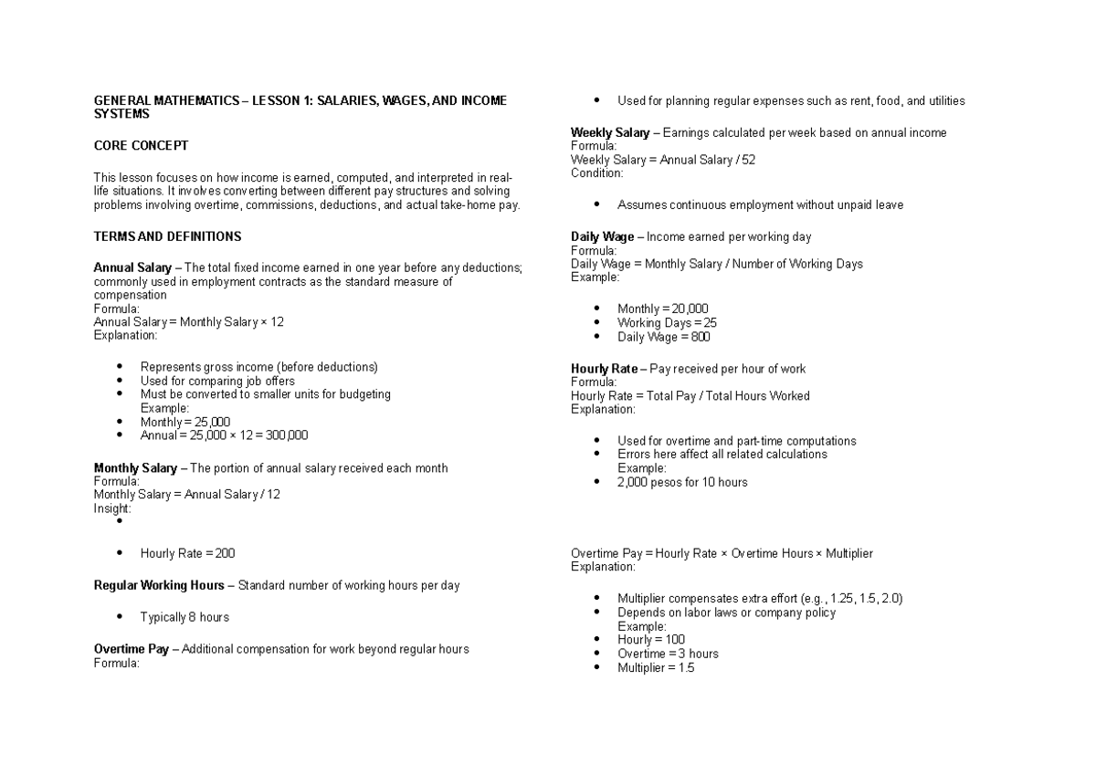 GENERAL MATHEMATICS TERM 1: LESSONS ON INCOME, SEQUENCES, AND FUNCTIONS ...