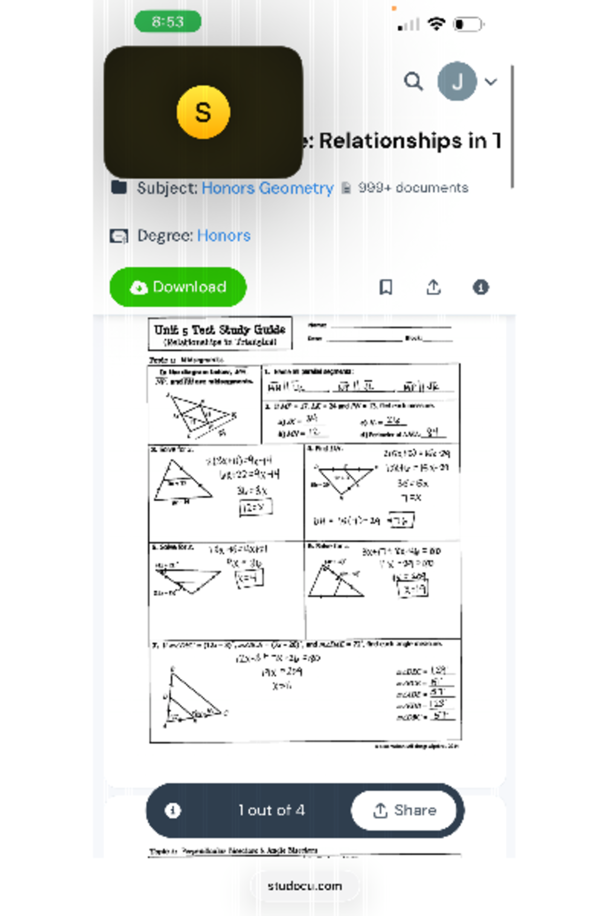 Honors Geometry B Unit 5 Test Study Guide: Relationships in Triangles ...