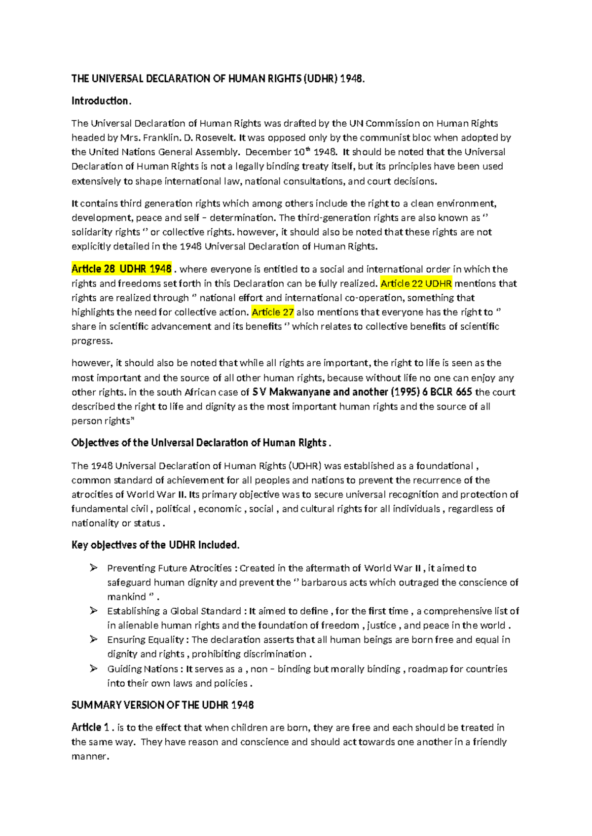 UDHR 1948: Overview and Key Objectives of Human Rights - Studocu