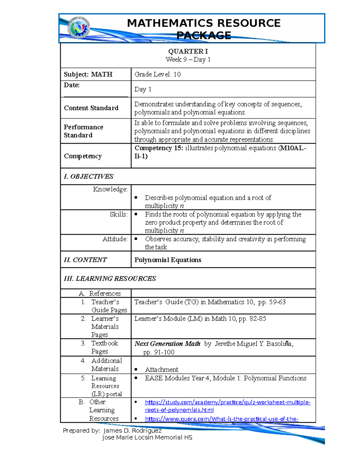 Math 10 DLP: Understanding Polynomial Equations (Week 9 Day 1) - Studocu