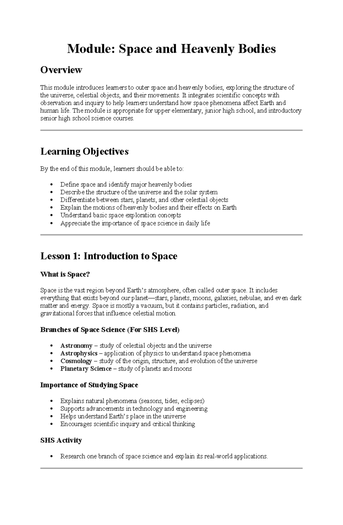 Module: Space and Heavenly Bodies Overview for SHS Science - Studocu