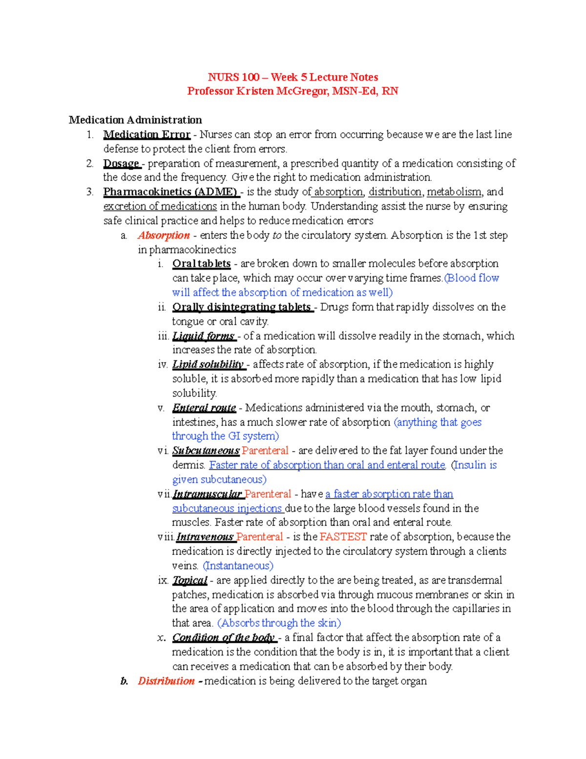NURS 100 - Week 5 - Lecture Notes - NURS 100 – Week 5 Lecture Notes ...