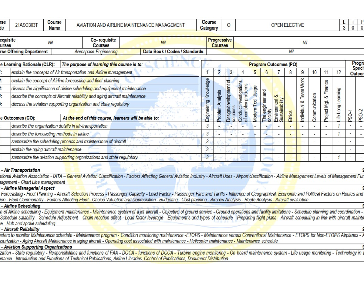 21ASO303T - Syllabus for Aviation & Airline Maintenance Management ...