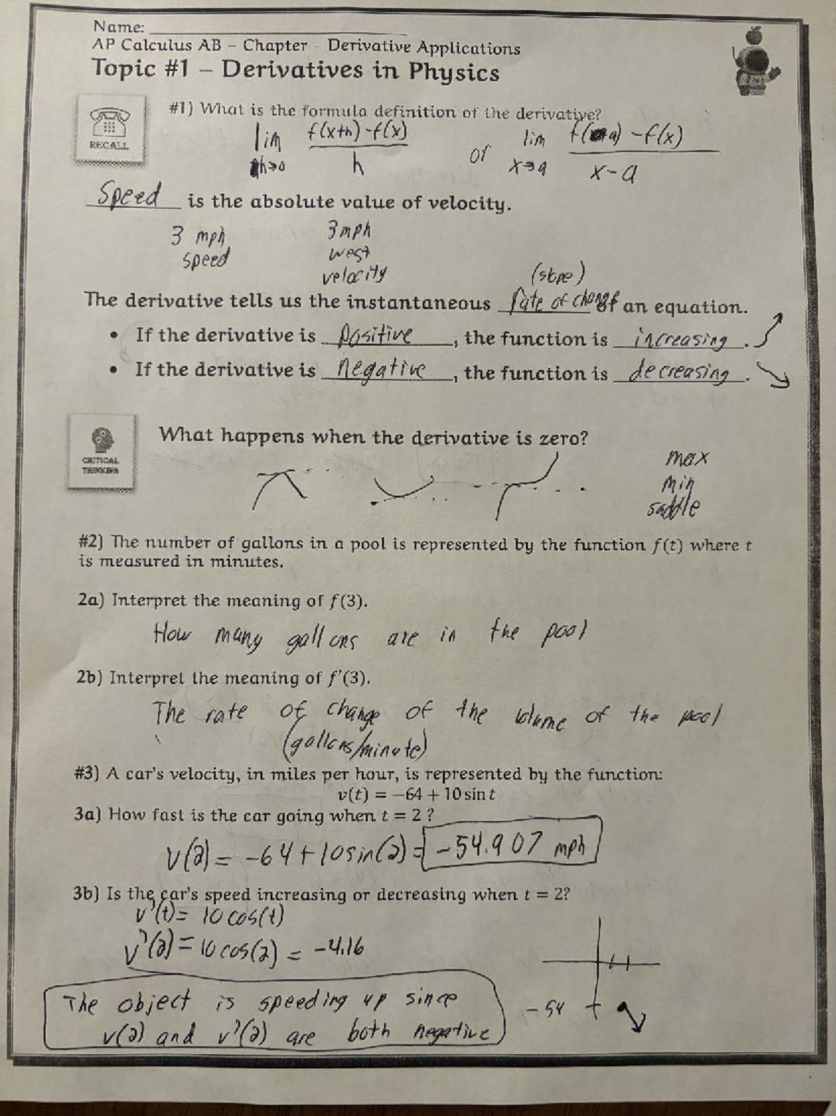 AP Calculus AB Chapter: Derivative Applications in Physics - Studocu