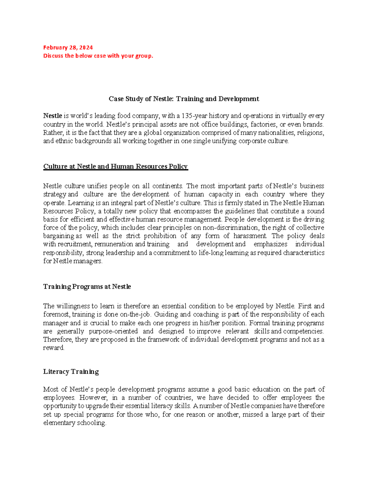 Case Study: Nestle's Comprehensive Training & Development Programs - Studocu