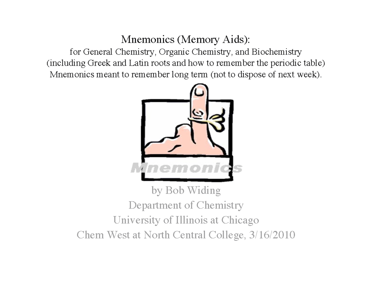 Mnemonics for chem 3 2010 - Mnemonics (Memory Aids): for General ...