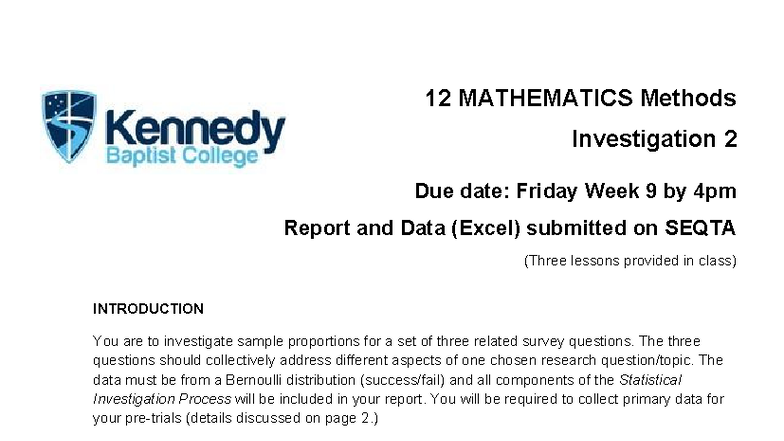 12 MATHEMATICS Methods CI Investigation 2 Report Guidelines - Studocu