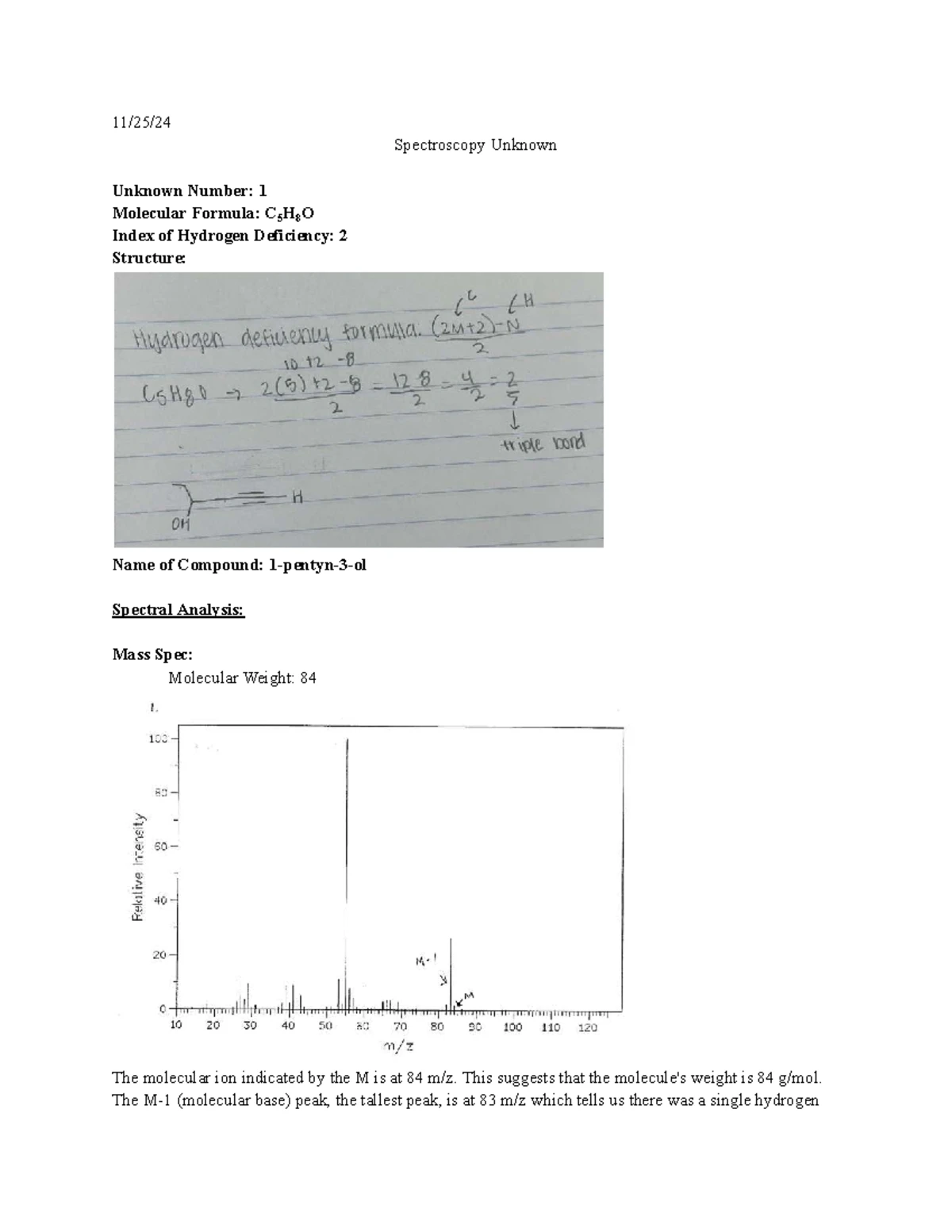 Spectroscopy Lab Report: Analysis of Unknown Compound C5H8O - Studocu