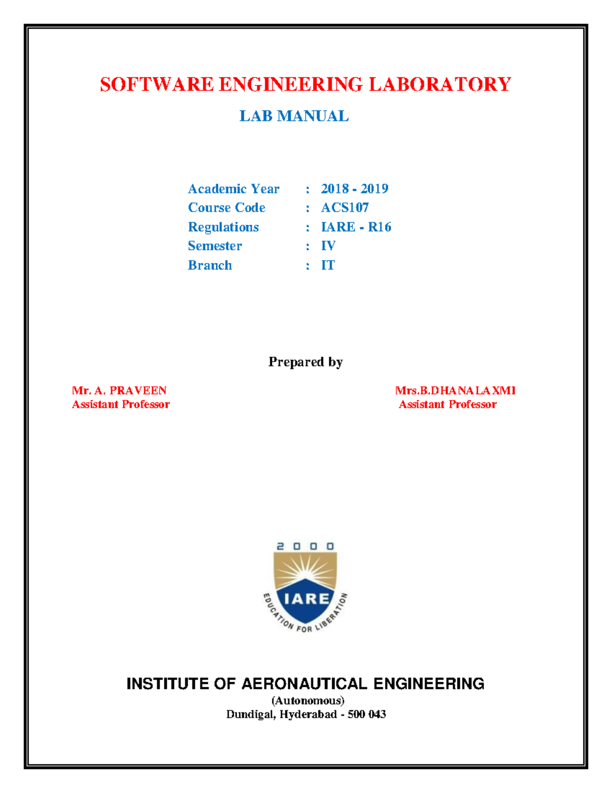 IARE SE Lab Manual - software engineering - SOFTWARE ENGINEERING ...