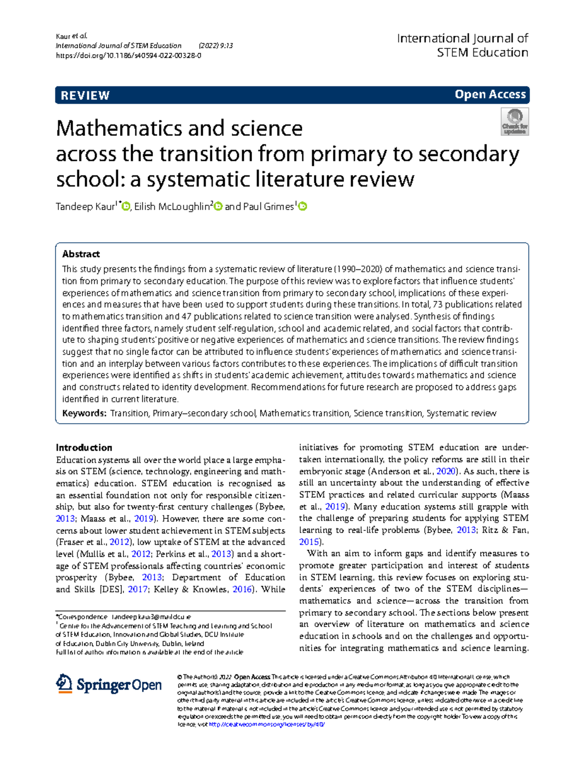 S40594: Systematic Review of Mathematics and Science Transition from ...