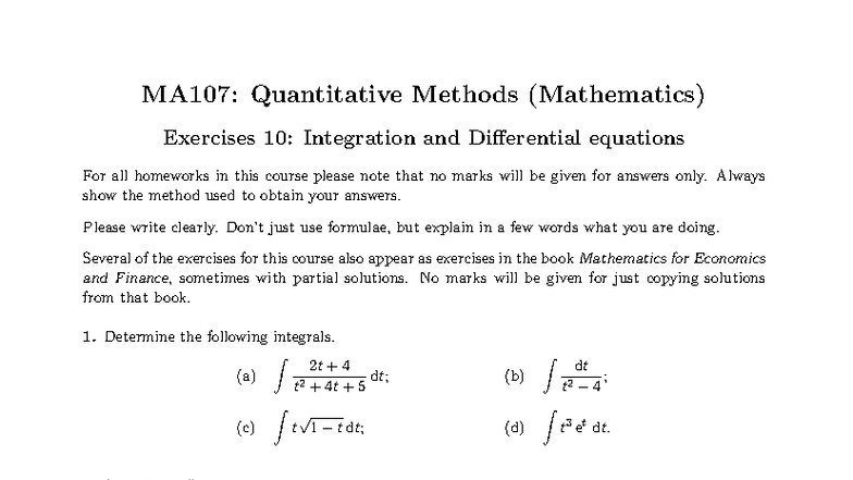 MA107: Exercises 10 - Integration & Differential Equations - Studocu