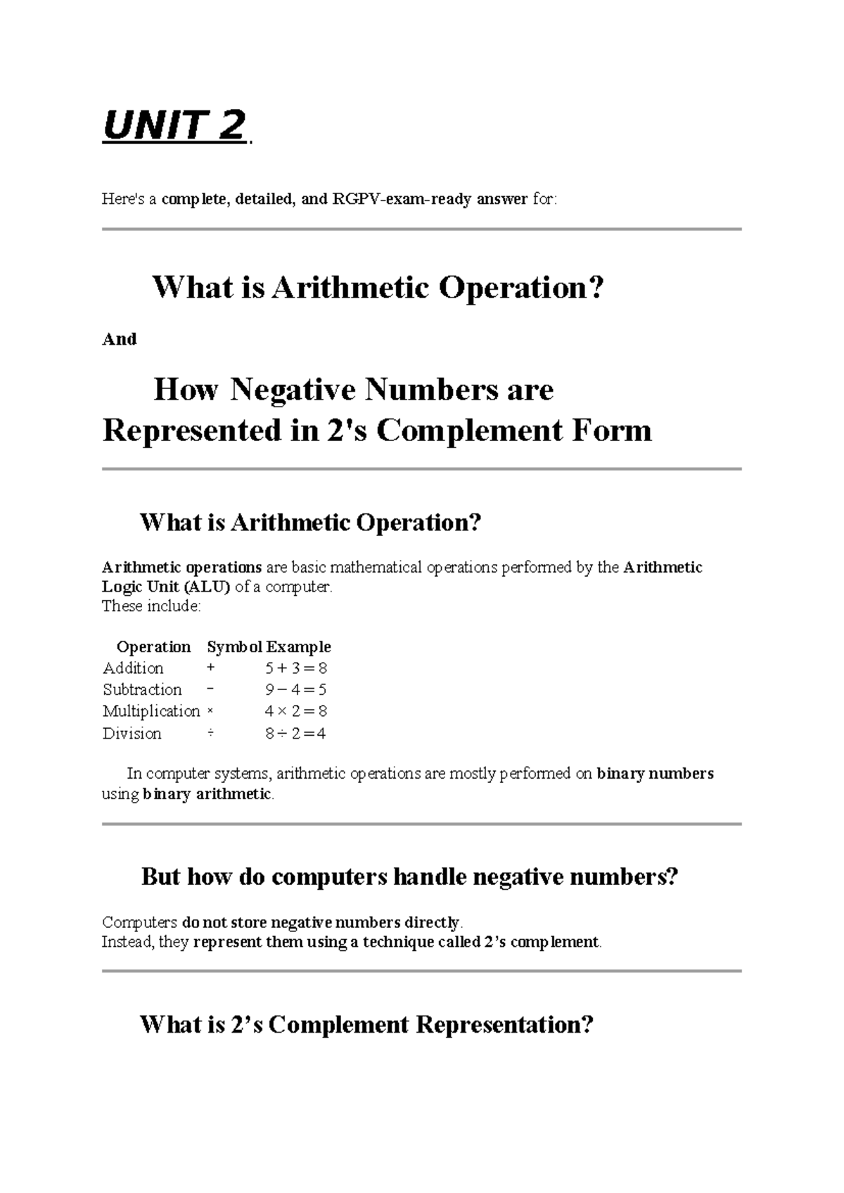 Unit 2 - Detailed Notes On Arithmetic Operations & Negative Number