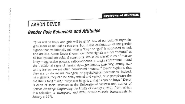 Gender Role Behaviors and Attitudes: Insights from Aaron Devor - Studocu