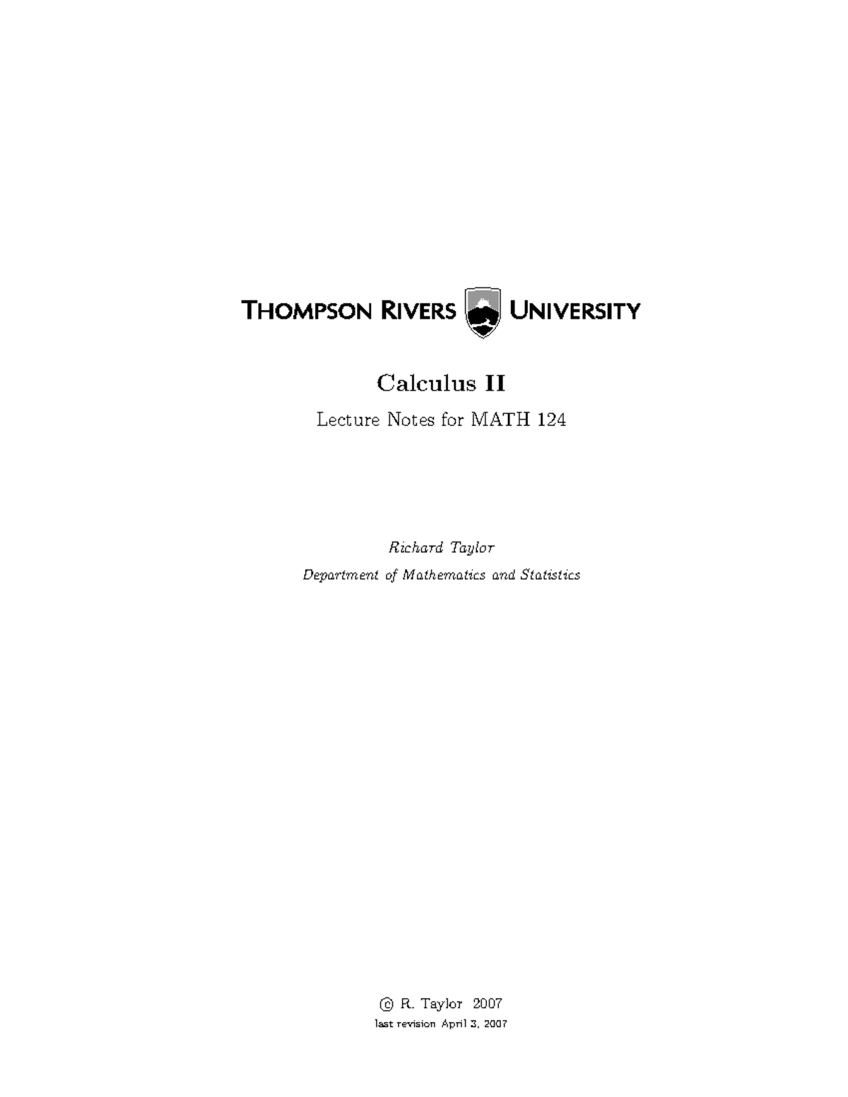 Calculus II Lecture Notes for MATH 124 by Richard Taylor - Studocu