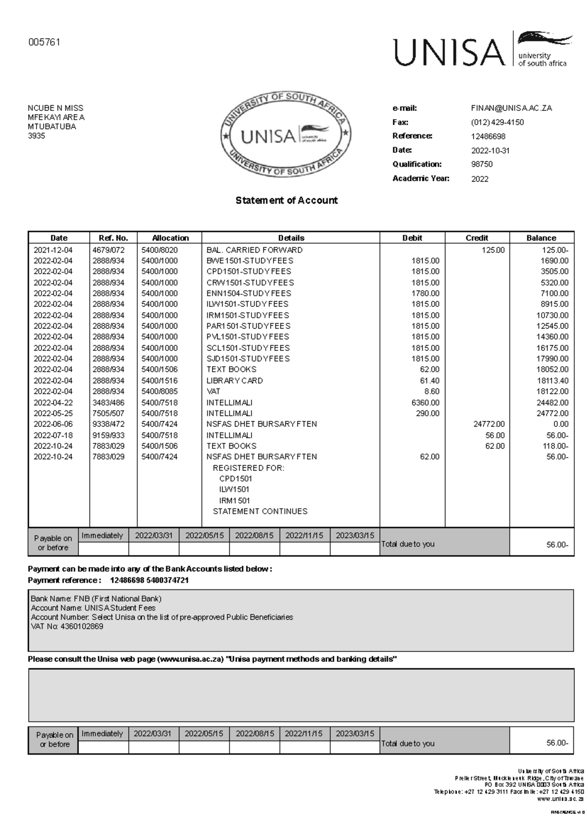 UNISA Statement of Account - Reference 12486698 for 2022 - Studocu