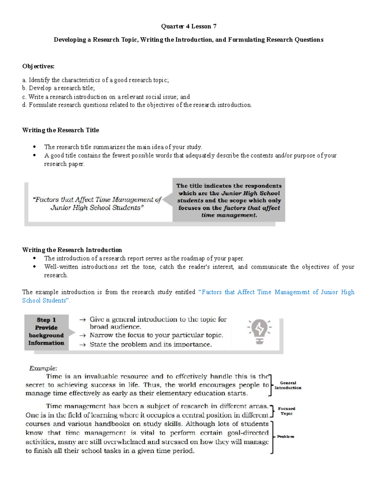 G10 Q4 Lesson 7: Developing Research Topics & Questions - Studocu