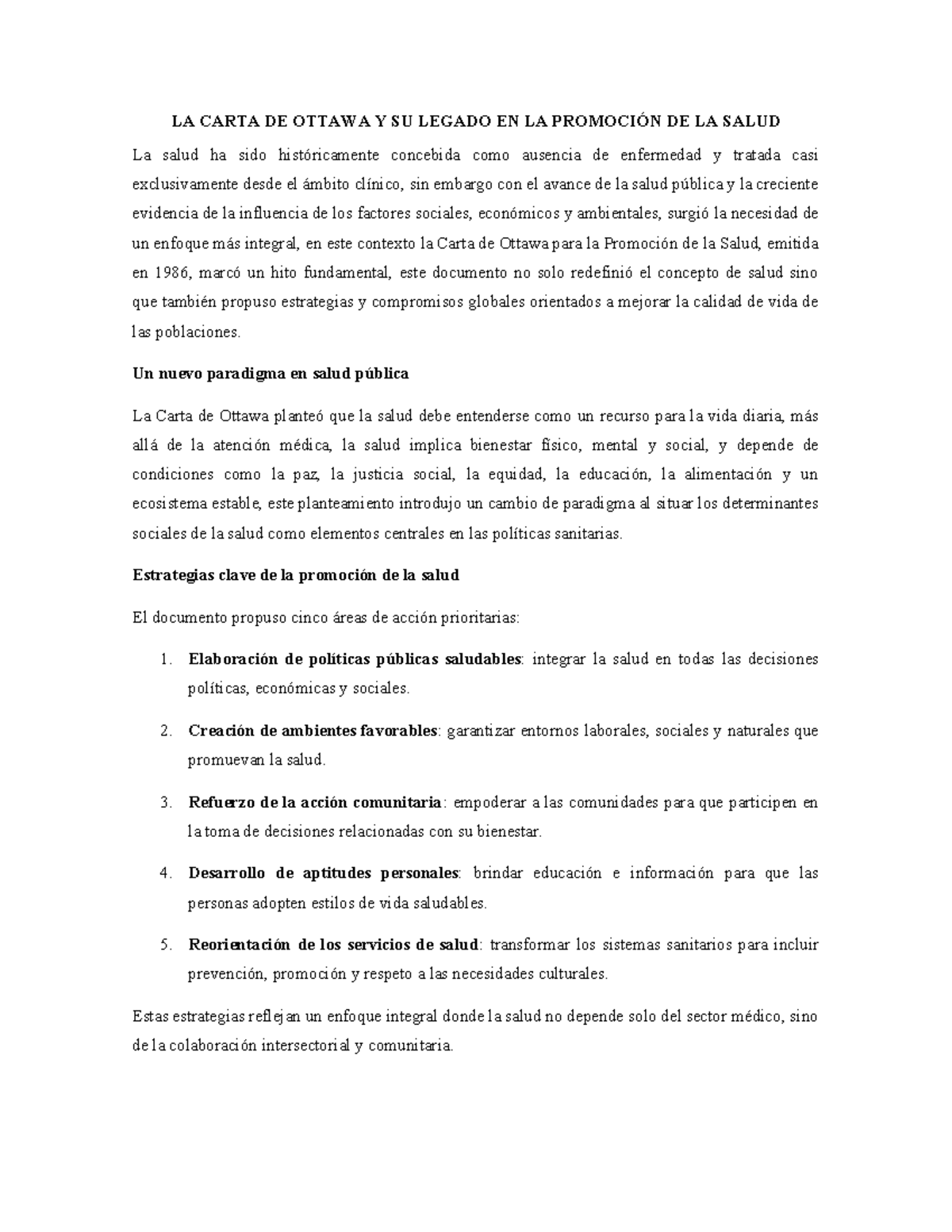 LA CARTA DE OTTAWA Y SU IMPACTO EN LA PROMOCIÓN DE LA SALUD - Studocu