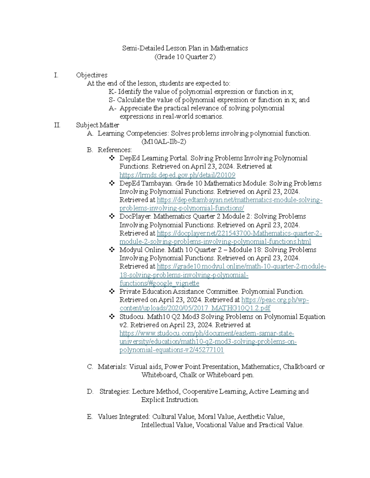 Math 10 Q2 Lesson Plan: Solving Polynomial Functions - Studocu
