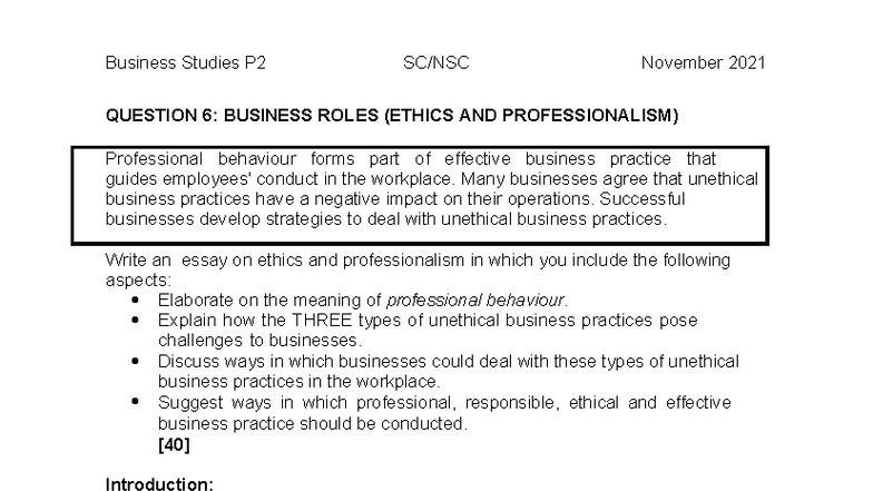 Business Studies P2 Nov 2021 Essay: Ethics & Professionalism - Studocu